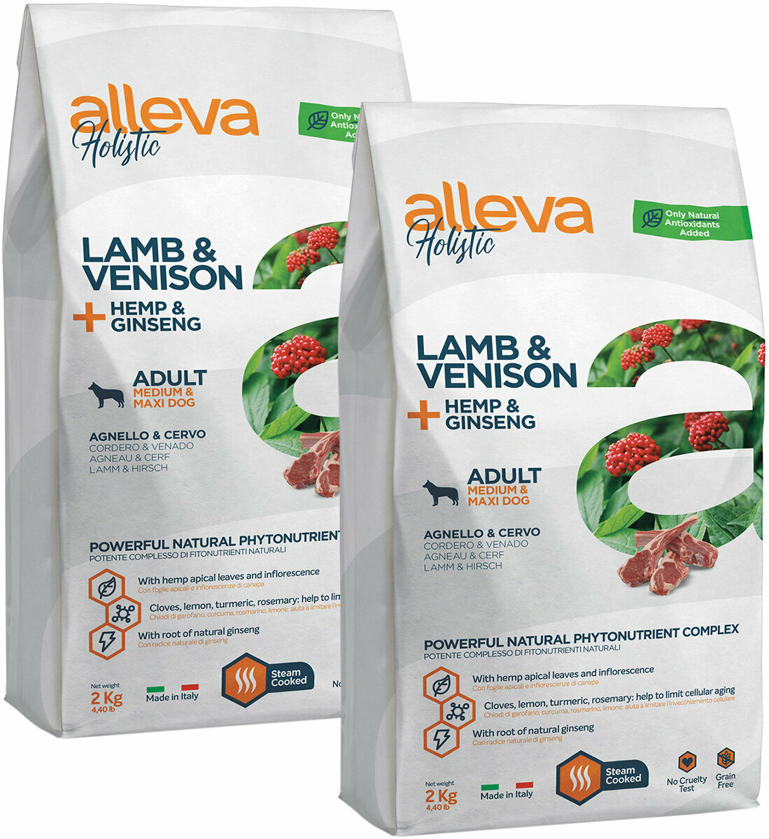 ALLEVA HOLISTIC ADULT DOG MEDIUM/MAXI LAMB & VENISON беззерновой для взрослых собак средних/крупных пород ягненок/оленина/конопля/женьшень (2 + 2 кг)