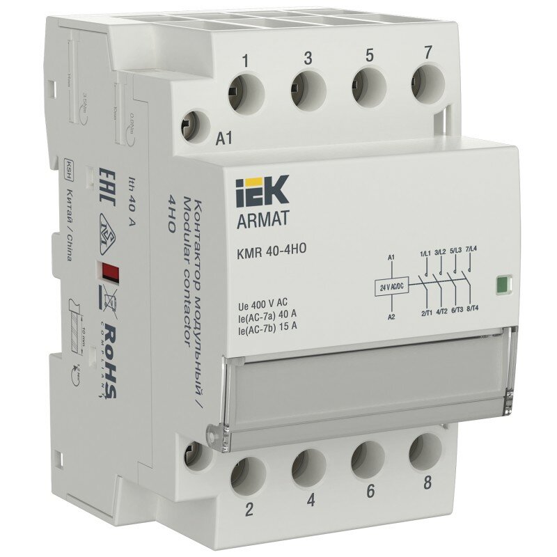 ARMAT Контактор модульный KMR 40А 24В AC/DC 4НО IEK, монтаж на DIN рейку