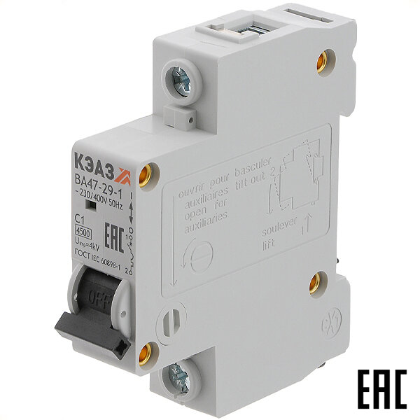 Автоматический выключатель ВА47-29-1C1 1А/1п/ 4,5кА на Din-рейку 318197 КЭАЗ (2 шт. в комплекте)