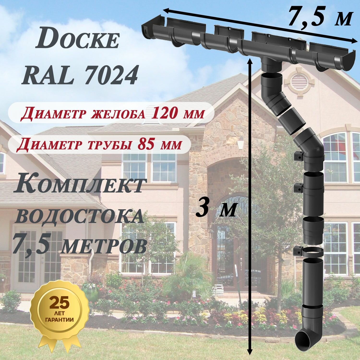 Водосточная система Docke Premium 7,5 м RAL 7024 ( 120мм/85мм ) водосток для крыши пластиковый Деке Премиум ( серый графитовый ) комплект ПВХ