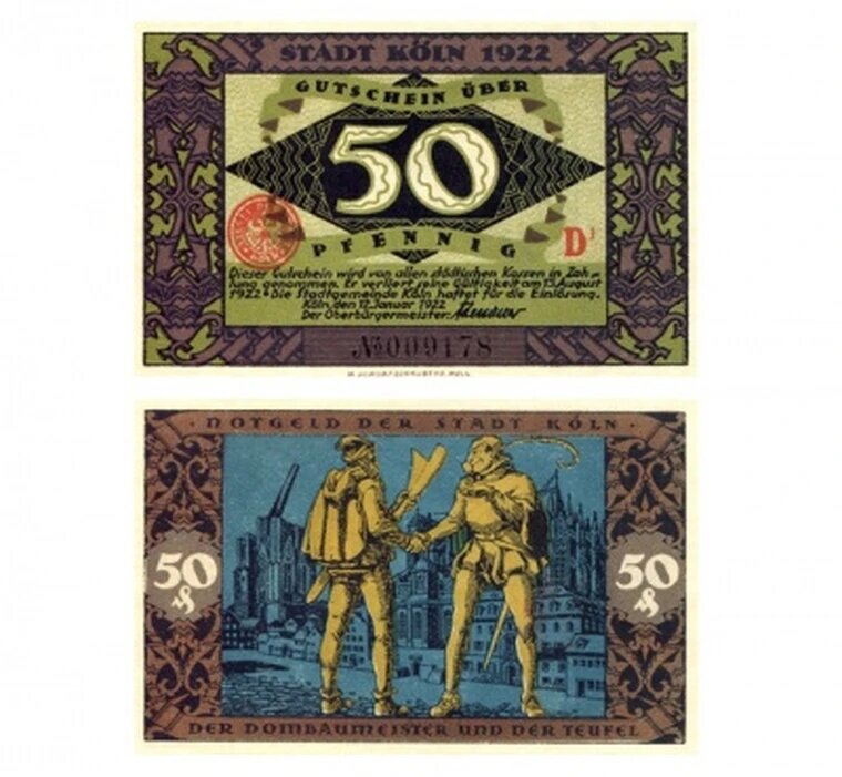 Нотгельд 50 пфеннигов 1922 Германия, Кёльн, сувенирная копия, банкноты и купюры редкие коллекционные