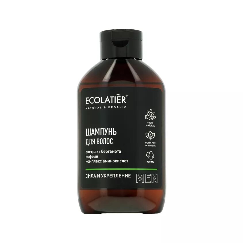 Шампунь для волос ECOLATIER MEN Сила и укрепление с экстрактом бергамота, кофеином и комплексом аминокислот 400 мл