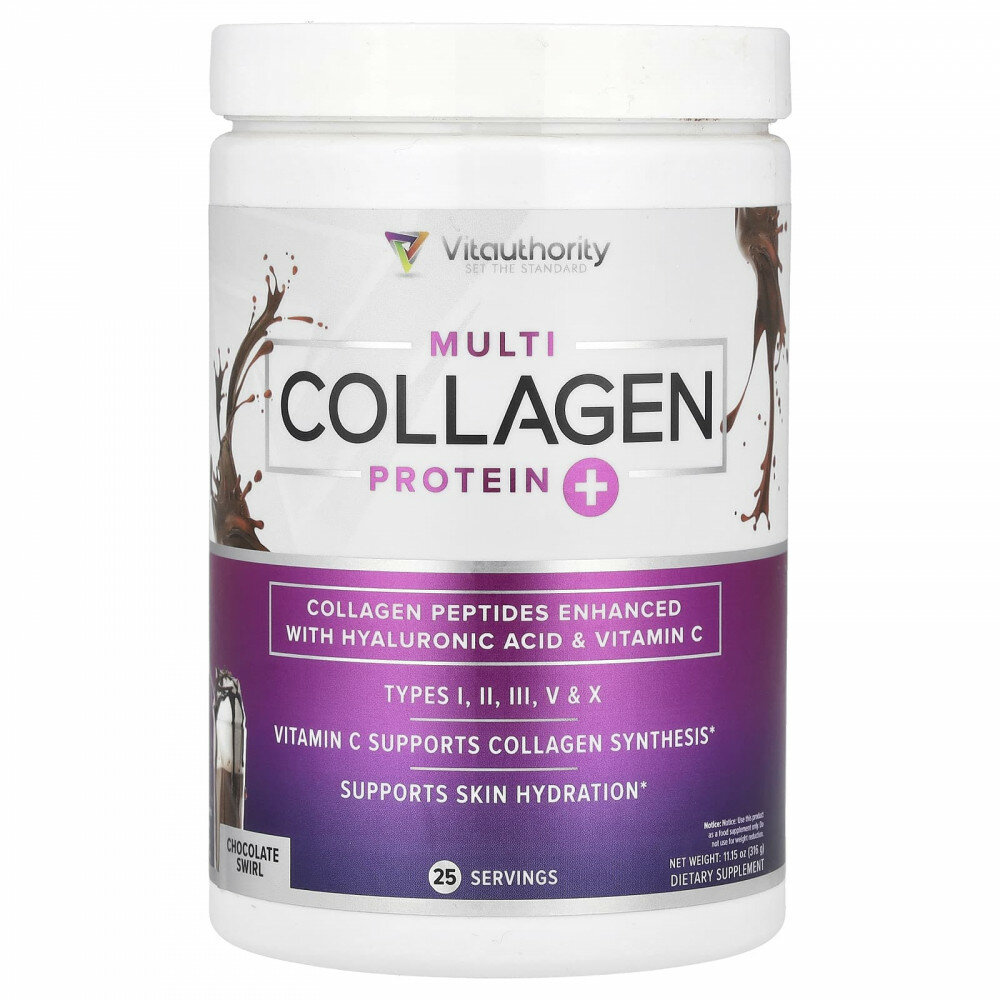 Vitauthority, Multi Collagen Protein +, шоколадный вихрь, 316 г (11,15 унции)
