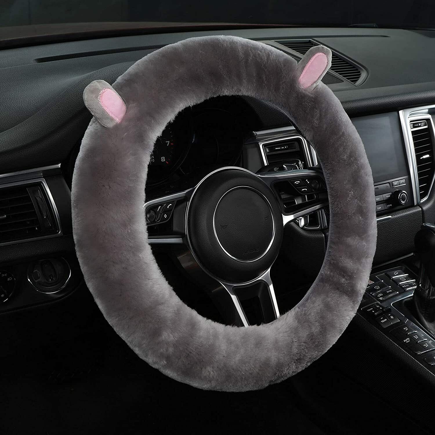 Симпатичный чехол на руль из овчины с ушками, защитный чехол на руль автомобиля из шерсти с рисунком женского животного, высокая эластичность, подходит для руля размером 14,5-16 дюймов (серый кролик)-KUYOU