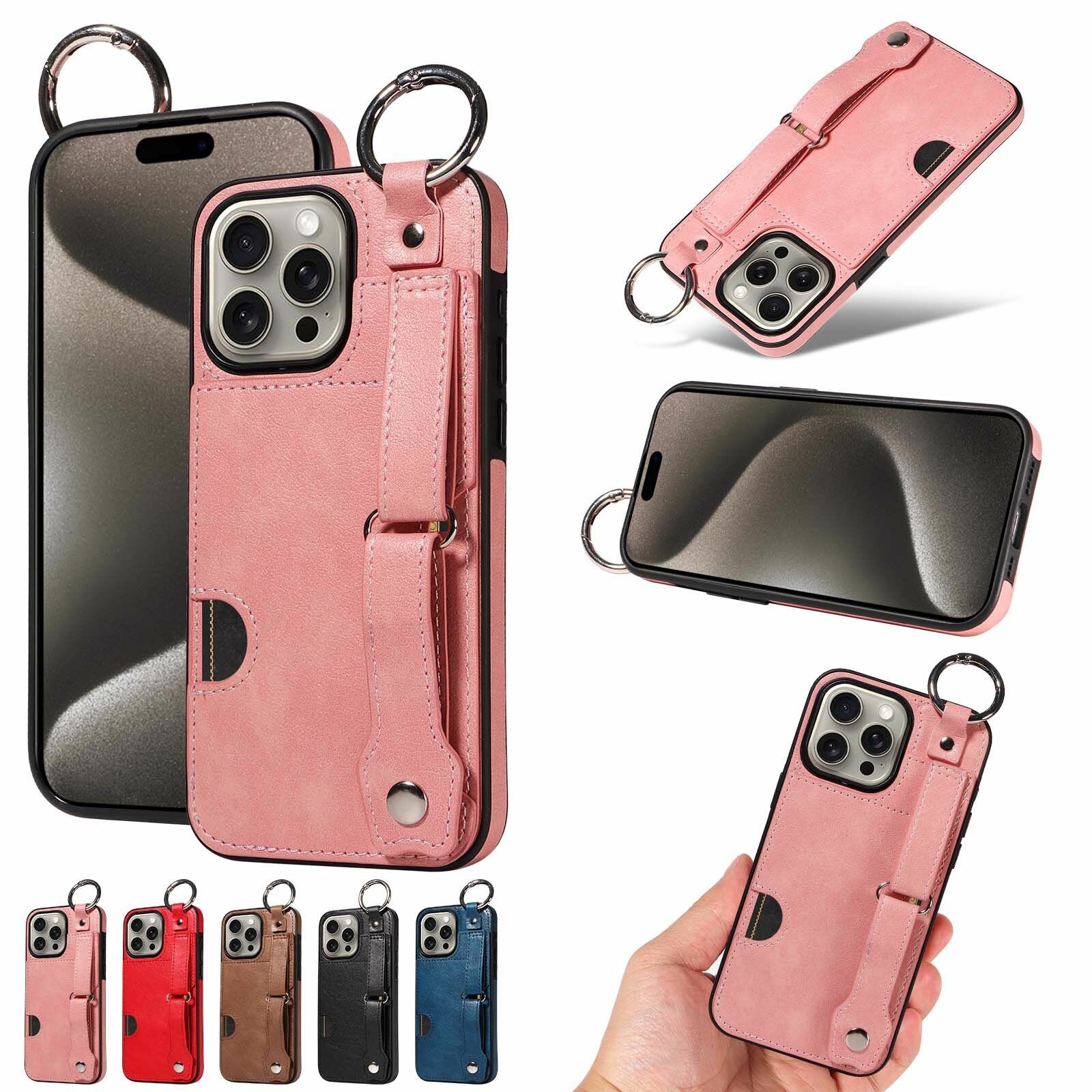 YIKATU Кожаный чехол для Apple iPhone 15 Pro Max (Эпл Айфон 15 Про Макс) с регулируемым ремешком на запястье/кольцевой пряжкой/ Держатель карты