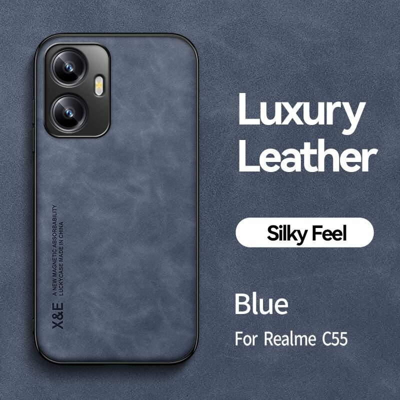 FASNYA Кожаный чехол на OPPO Realme C55 (Оппо Реалми C55) с защитой камеры противоударный, ля магнитного авто-держателя