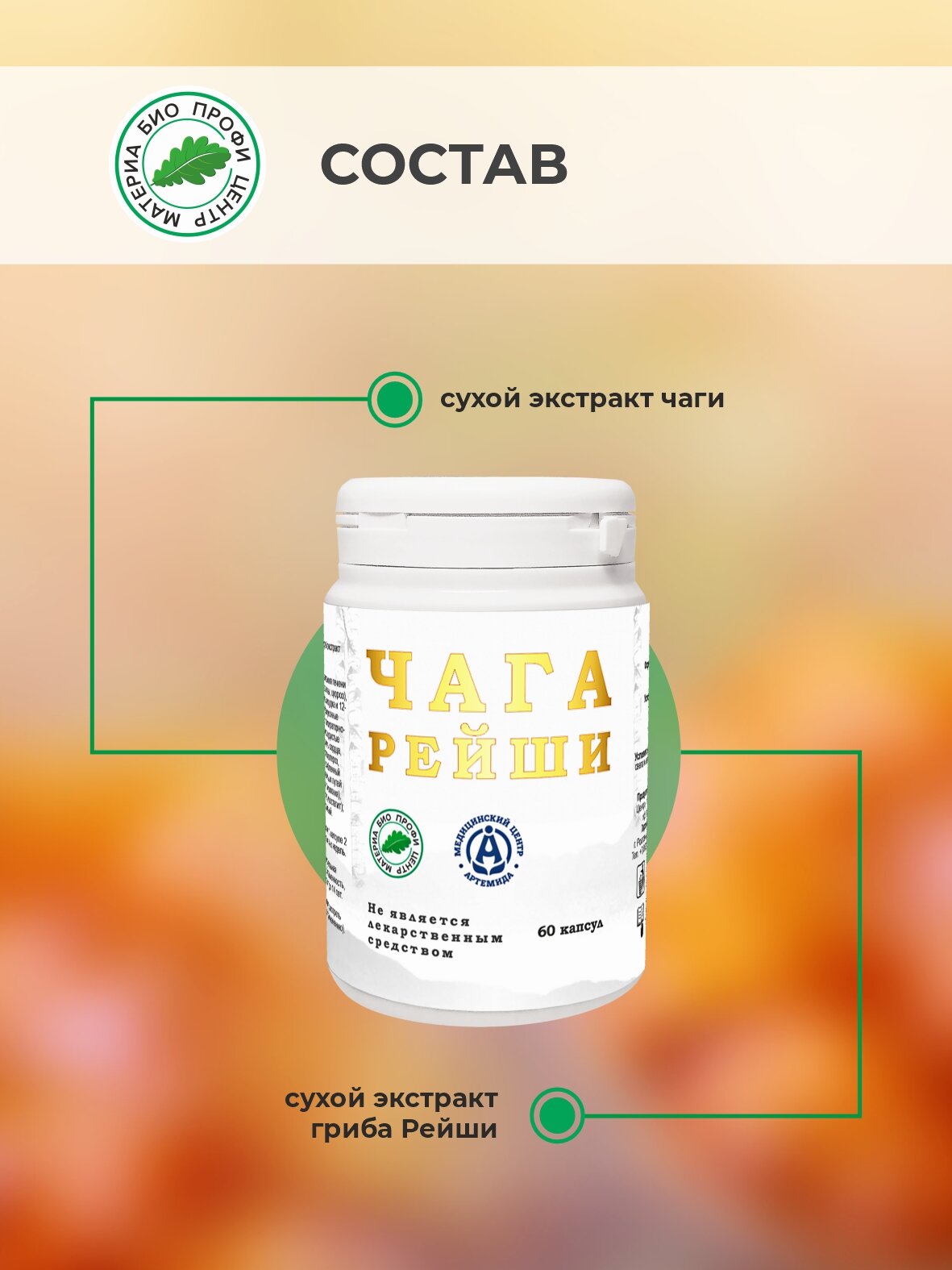 Чага Рейши экстракт сухой, 60 капсул, Материа Био Профи Центр — фото 1