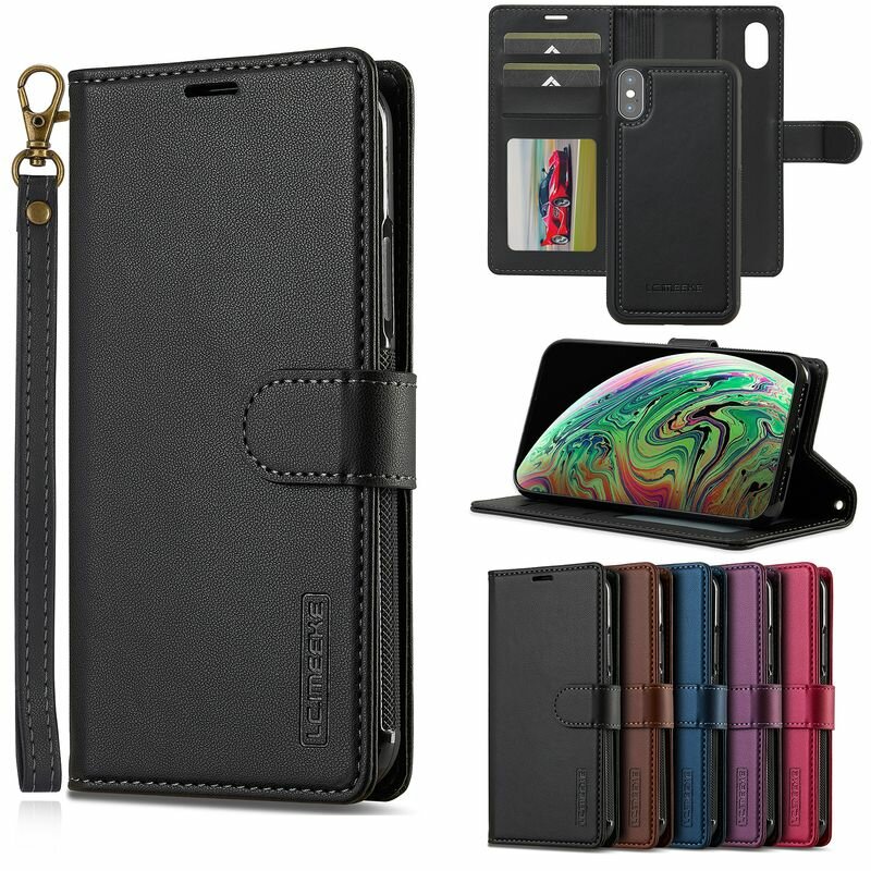LCIMEEKE Чехол-книжка для Apple iPhone X / iPhone XS (Айфон Х / Айфон ХС) Роскошный дизайнерский 2 в 1 съемный кожаный чехол-кошелек с ремешком на руку