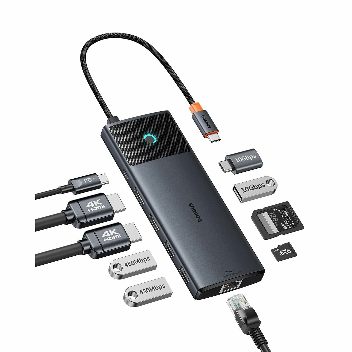 Baseus Док-станция для двух мониторов, 10 в 1 Док-станция с 2 портами HDMI, 10 Гбит/с USB C и USB A, Gigabit Ethernet, PD 100 Вт