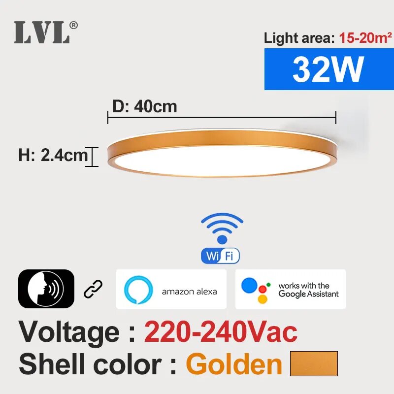 LVL Умный потолочный светильник золотой 220В Golden shell-32W, Голубой