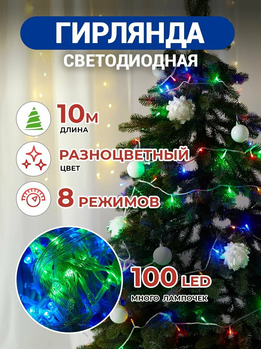 Гирлянда новогодняя светодиодная, 10м, на елку, разноцветная
