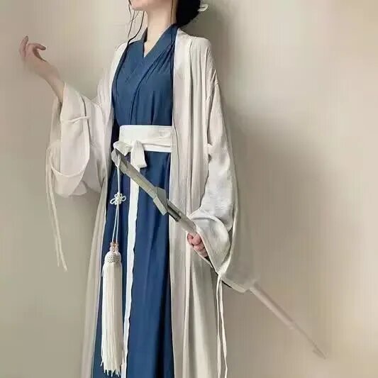 Женское зелёное ханьфу платье больших размеров 5XL XL, White-blue set