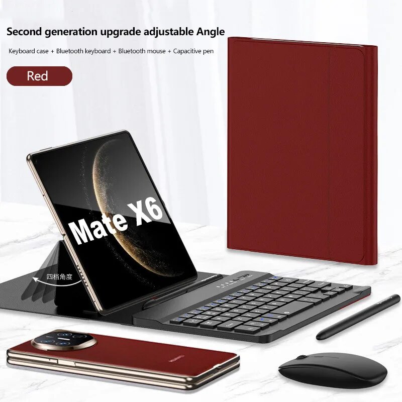 Кожаный чехол с беспроводной складной клавиатурой Bluetooth для Huawei Mate X6 MateX6 Бордовый, red