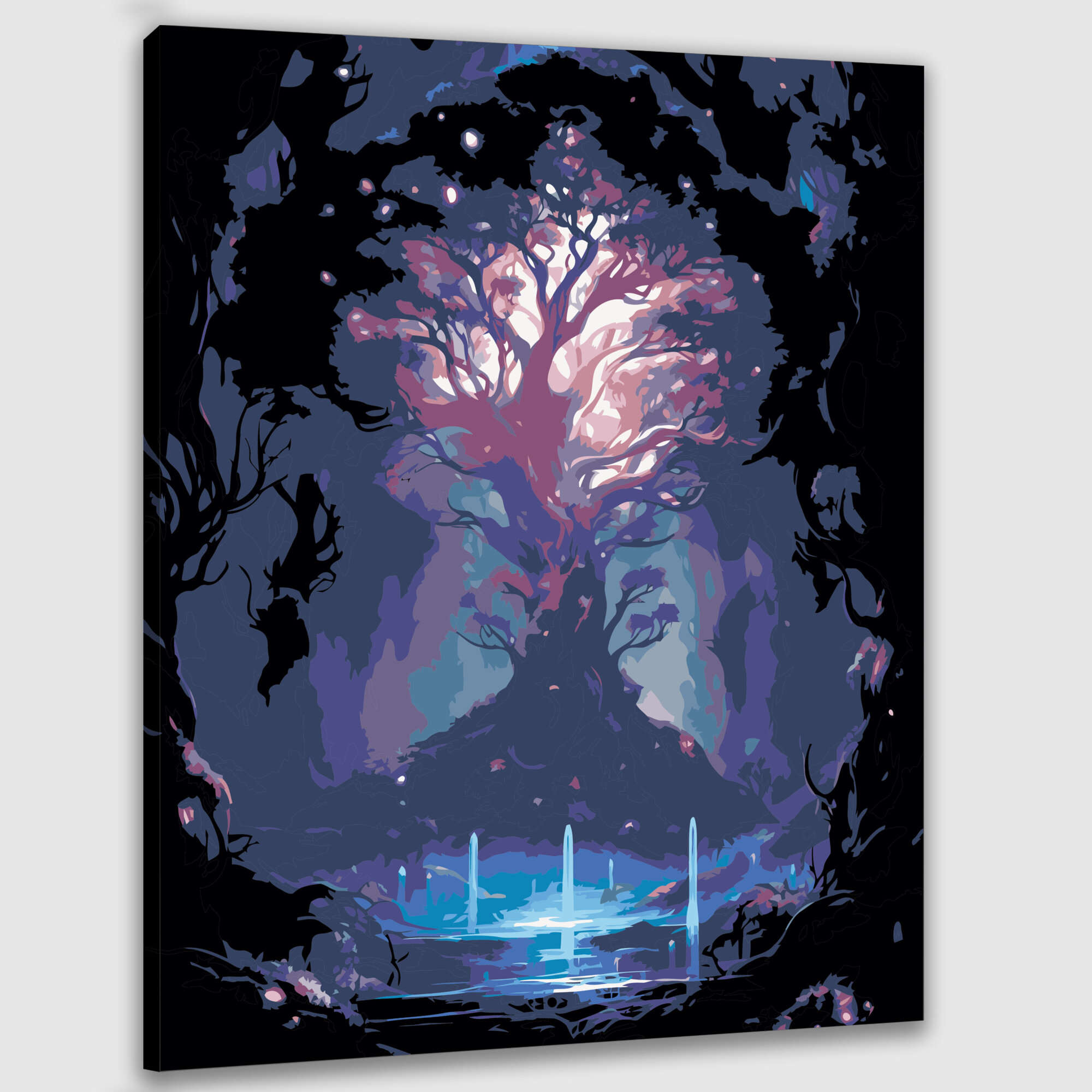 Картина по номерам 40x50 см, цифровое изображение, фантастическая волшебная, высокие деревья, светящиеся кристаллы