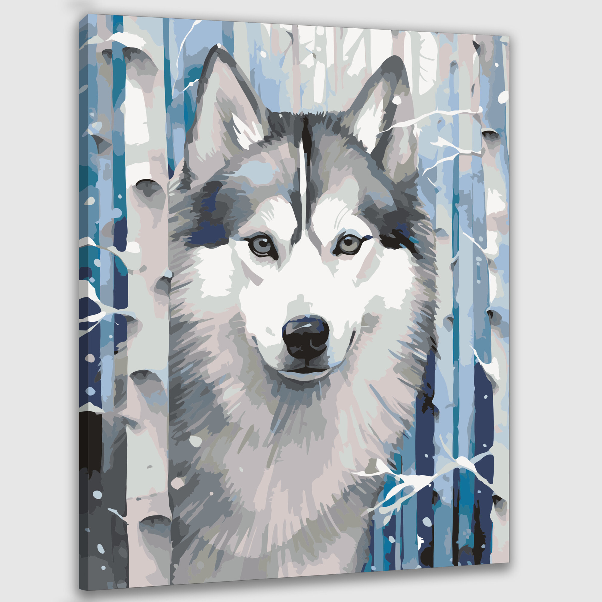 Картина по номерам 40x50 см, хаски, ледяной взгляд, акварельная иллюстрация, сосульки, заснеженные деревья