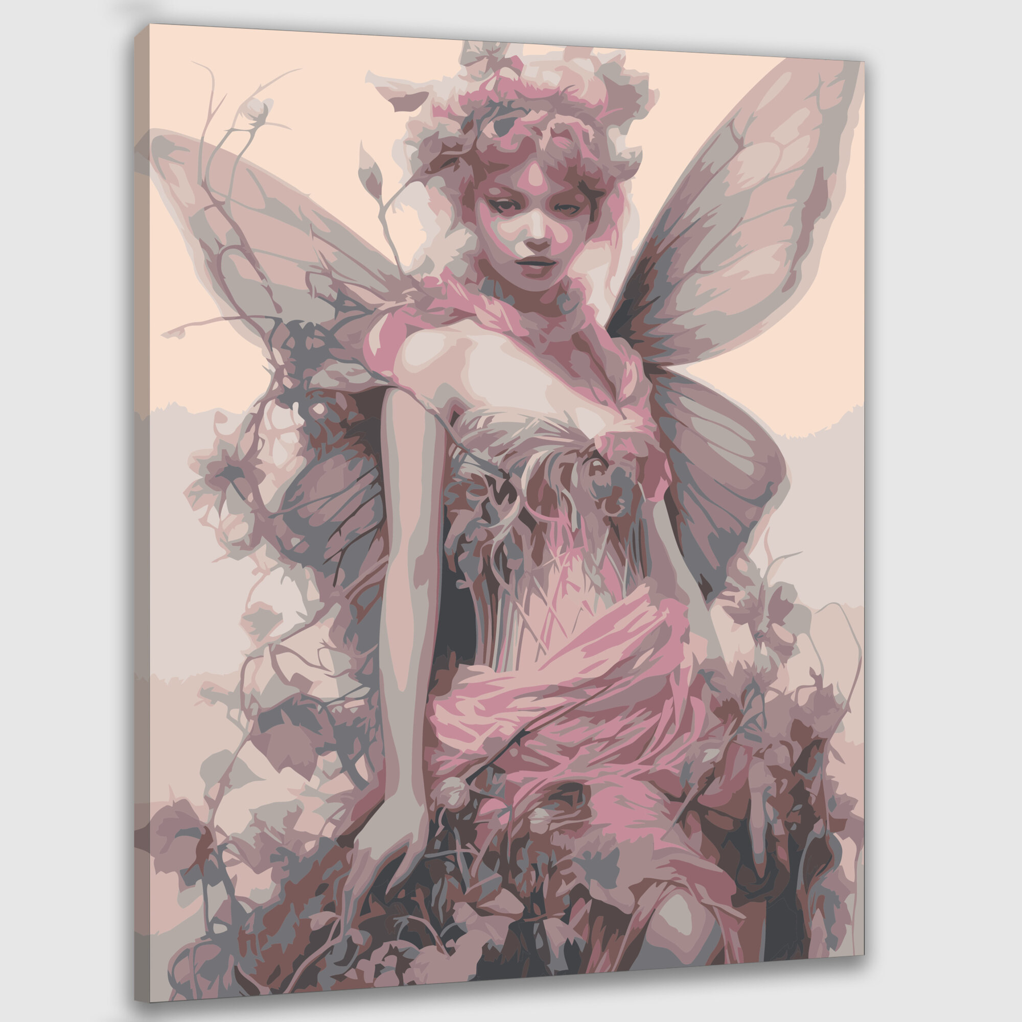 Картина по номерам 40x50 см, фея, графитовый набросок, розовое платье, крылышки, фантастический сад