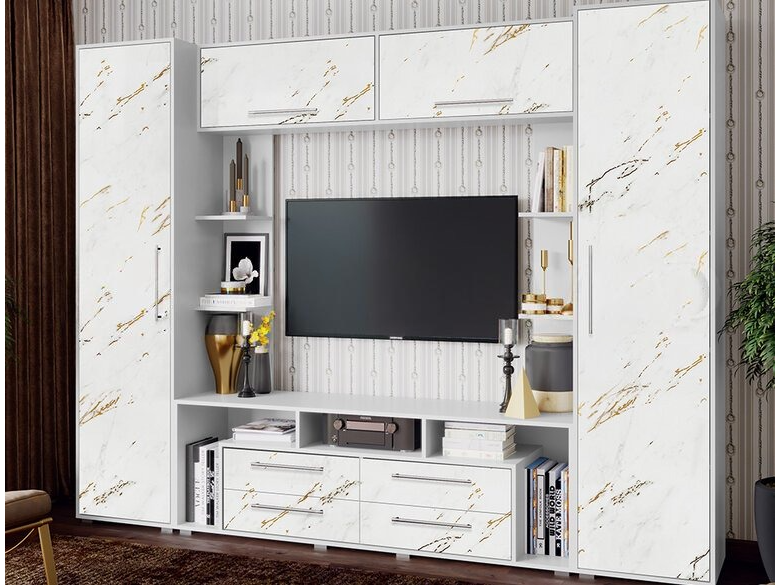 Гостиная в современном стиле, с фасадом МДФ, Мрамор золото/белый