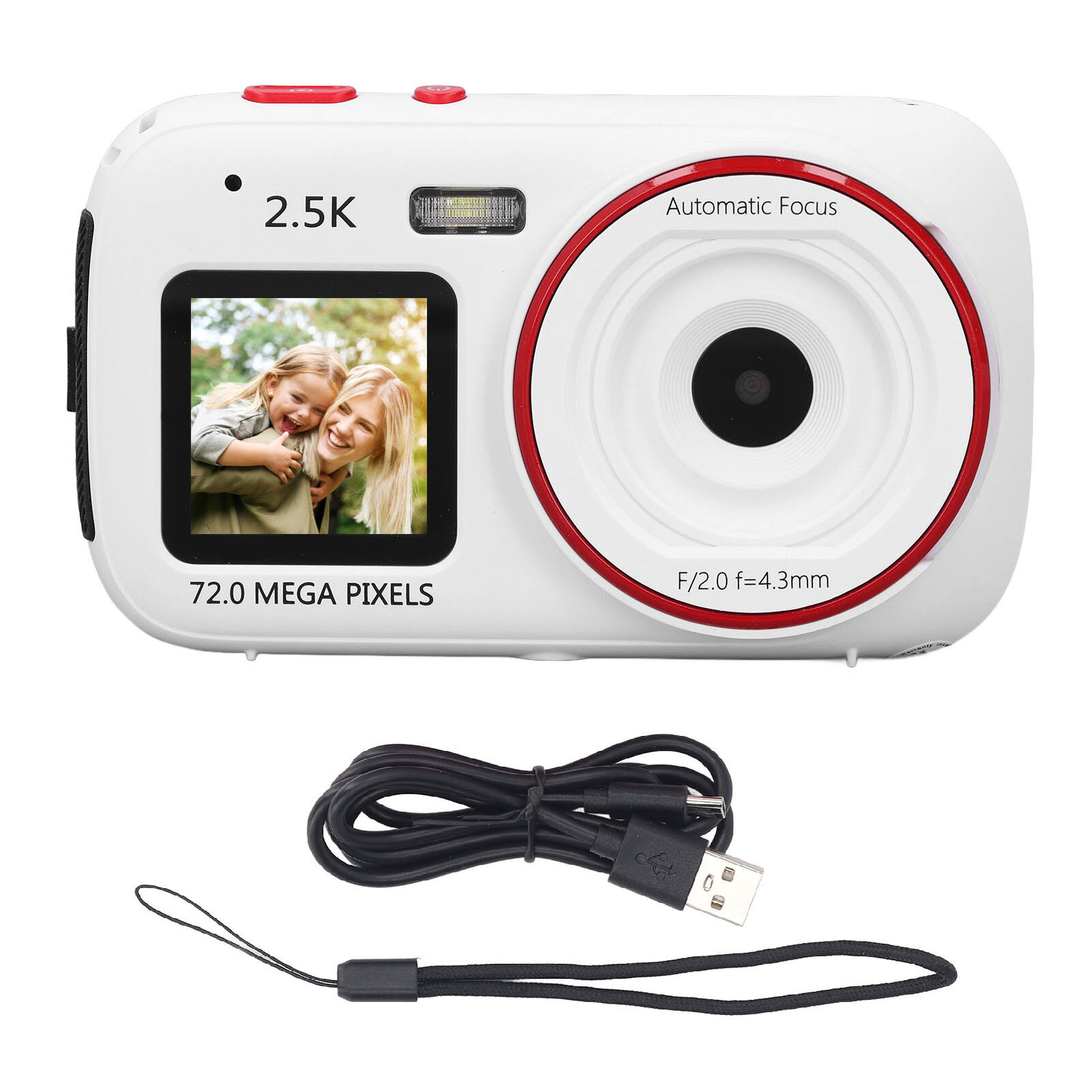 Цифровая камера 72 МП 2.5K, двойной экран, 16-кратный зум, автофокус, стабилизация изображения, автоматический датчик освещенности, аккумулятор 750 мАч для селфи, для путешествий, белая.