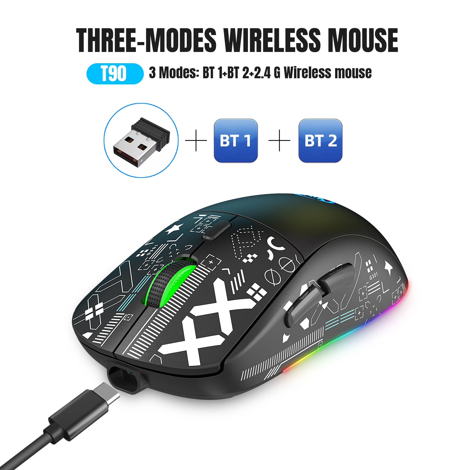 Беспроводная мышь T90 3 режима, черная, RGB