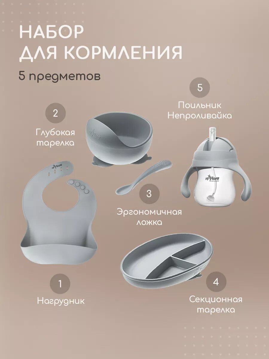 Набор детской посуды для кормления, Miyoumi силиконовый, 5 предметов