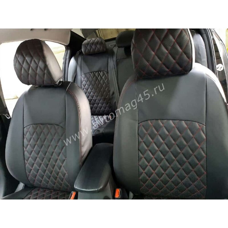 Авточехлы Kia Cerato Киа Серато 2008-2013г экокожа черная серая нить ромб