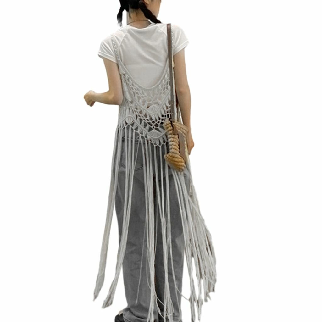 Блузка-камзол без рукавов с бахромой, белая