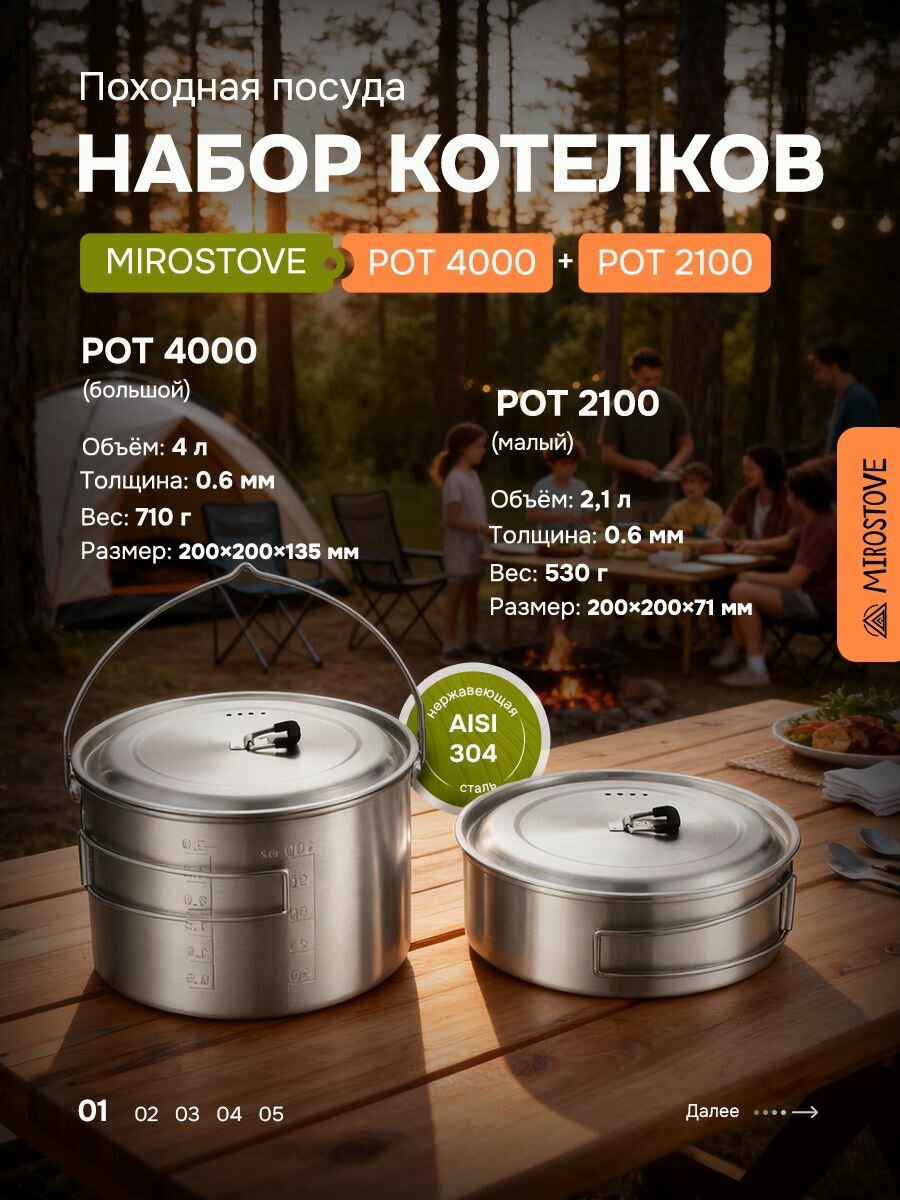 Походный набор котелков MIROSTOVE POT 4000 + POT 2100 4 л + 2,1 л нержавейка AISI 304, для костра и туристических печей