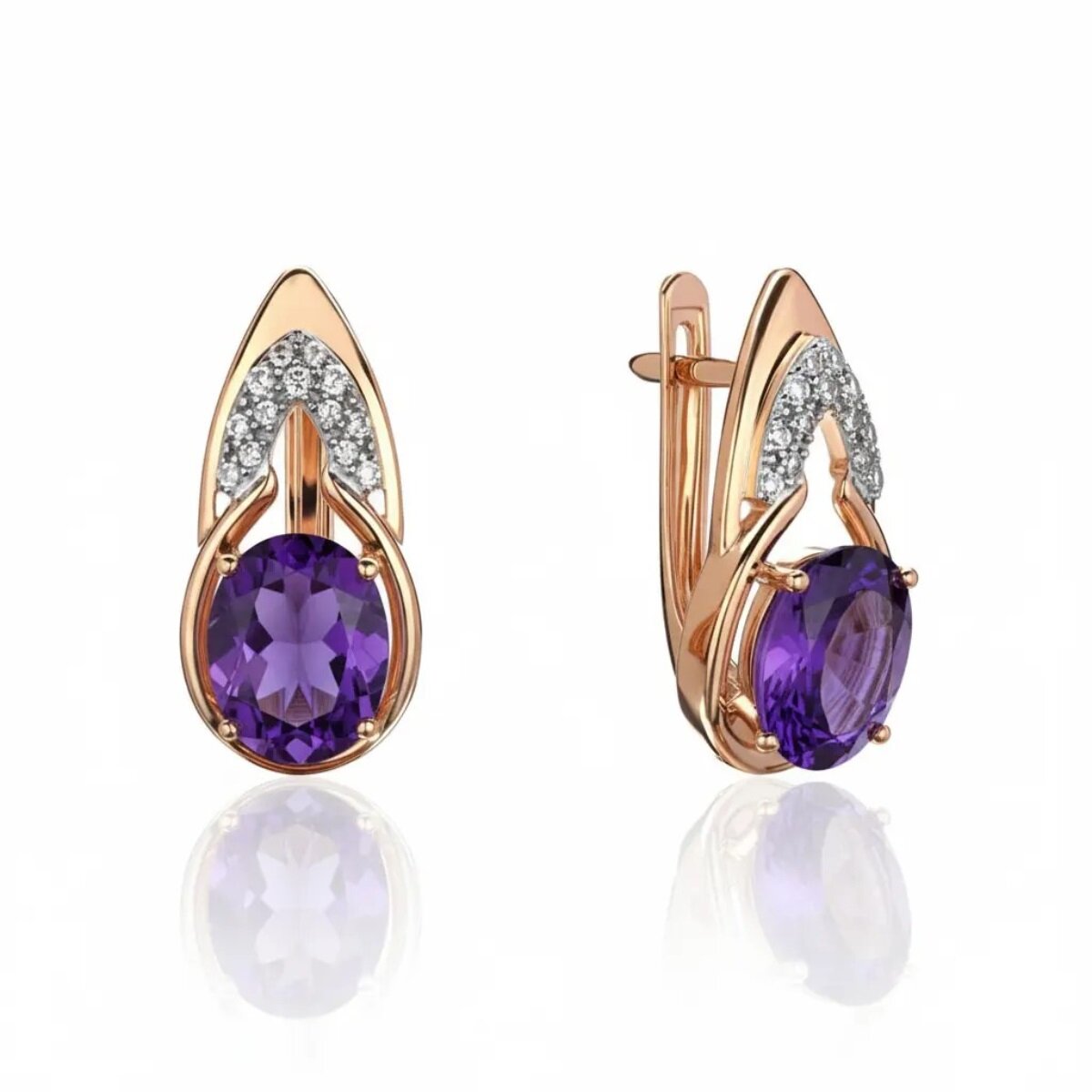 Серьги, красное золото, 585 проба, фианит, аметист