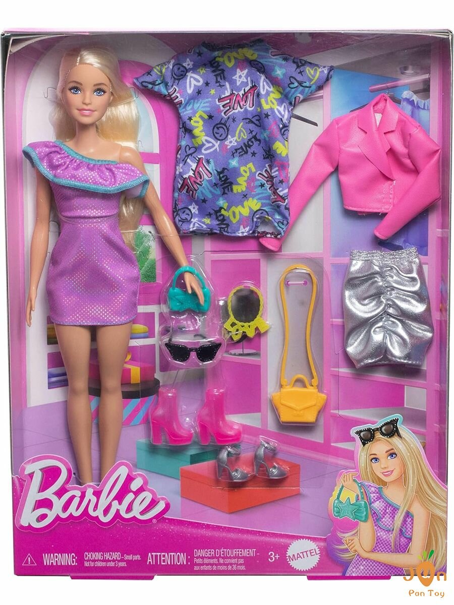 Mattel Barbie Doll with Clothes and Accessories HYT61 / игрушки для девочек, кукла барби, с тремя комплектами костюмов, подходит для детей от 3 лет и старше