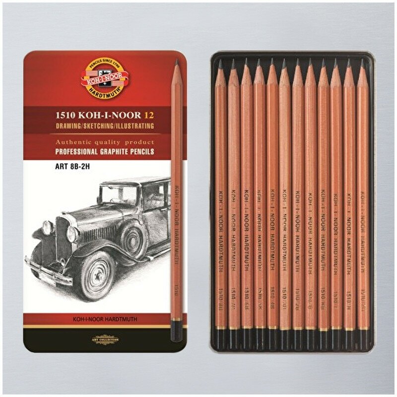 Набор карандашей ч/г Koh-I-Noor "1512" 12шт, 8B-2H, металл. пенал, с неокрашенным корпусом, 330095