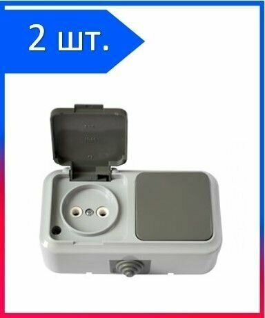 Розеточно-клавишный блок Пралеска Наружный / Выключатель Одноклавишный + розетка Без Заземления+Крышка Серый. В комплекте 2шт