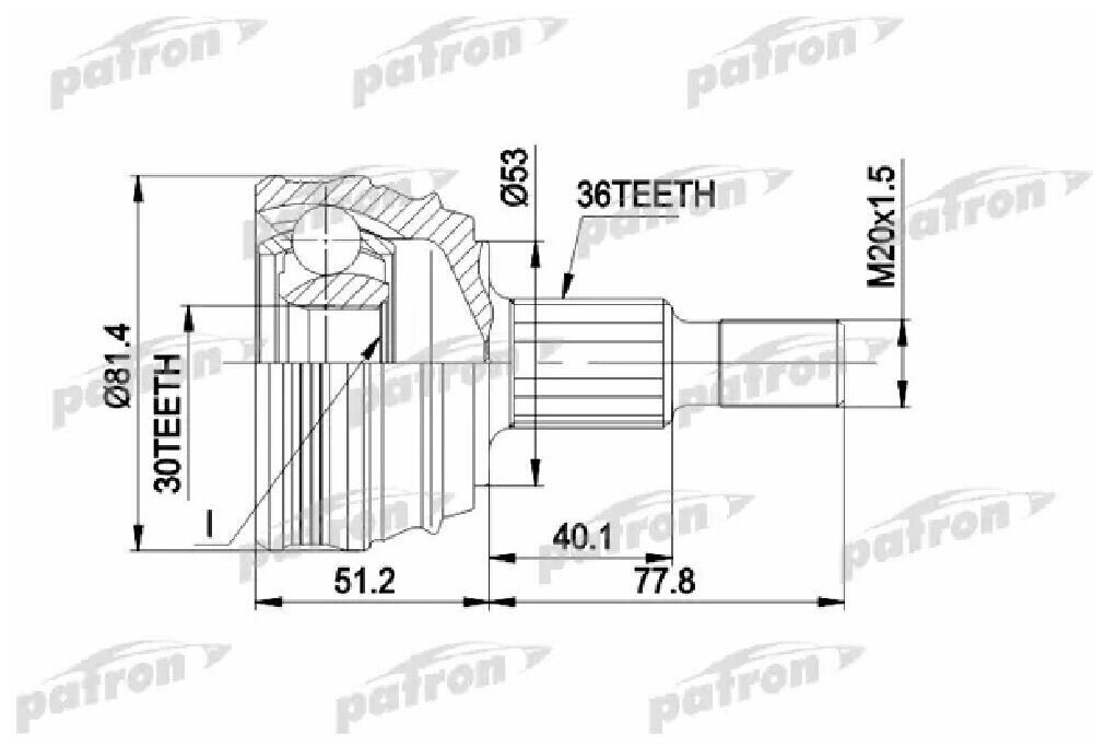 ШРУС outer, 36x53x30, AUDI A3 1.6 96>, SEAT TOLEDO 1.4 16V- 1.6 99>, SKODA OCTAVIA 1.4, 1.4 16V-1.6 96>, VW BORA 1.4-1.6 96> .