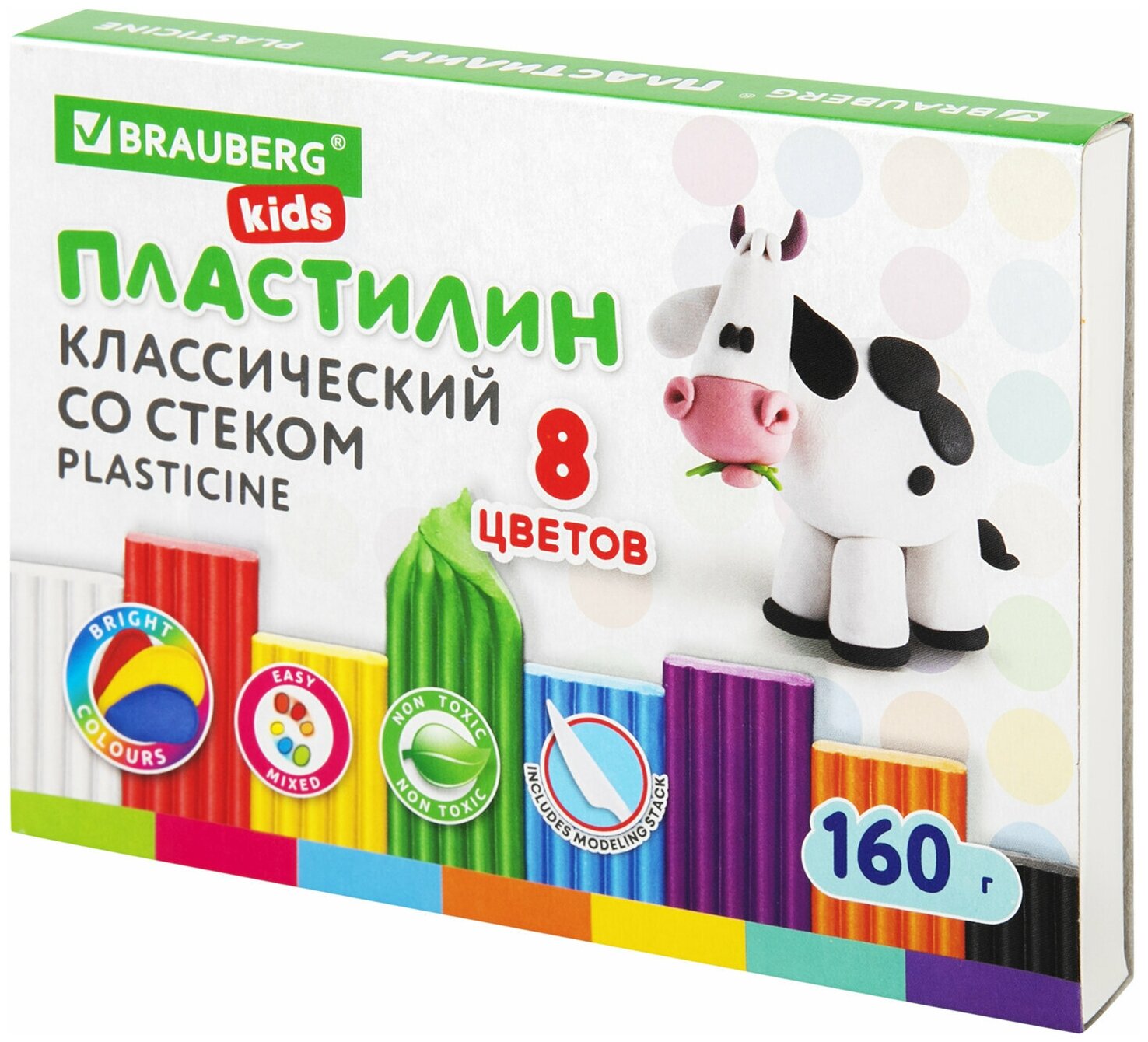 Пластилин классический BRAUBERG KIDS, 8 цветов, 160 г, со стеком, 106501 (цена только за 1 шт.)