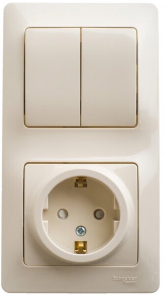 SE Glossa Беж Блок: розетка с/з со шторками и 2-кл. выключатель