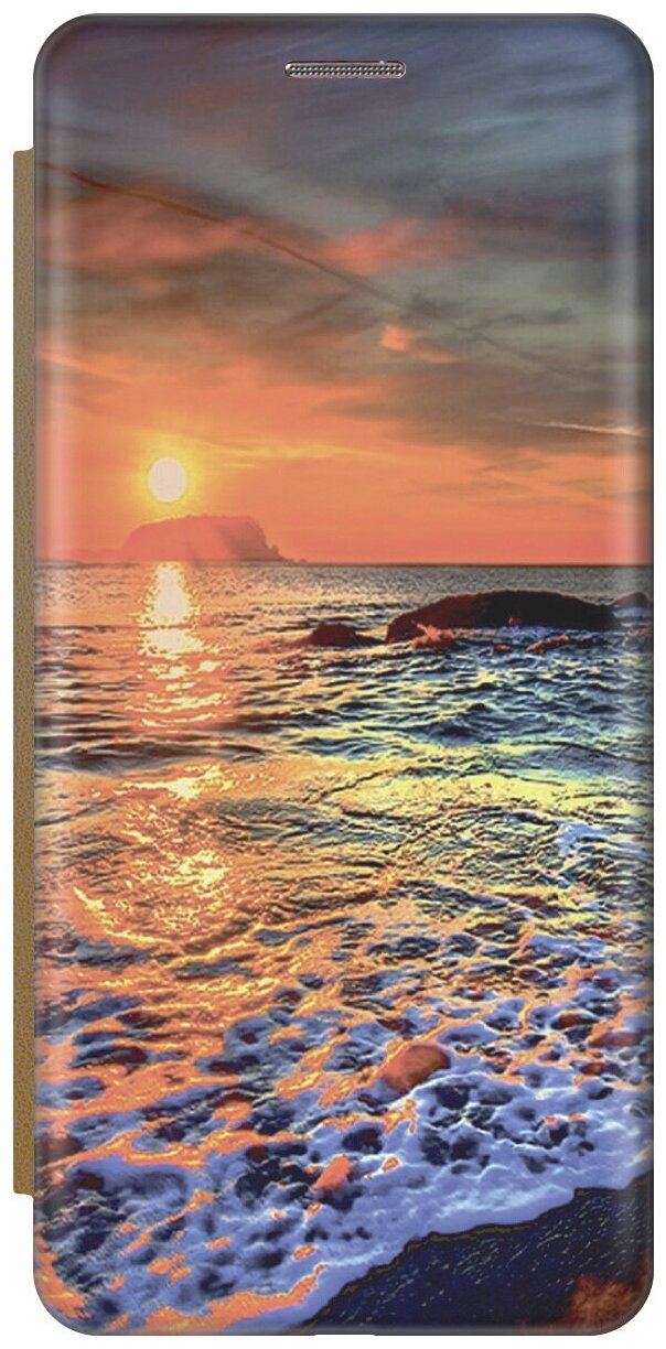 Чехол-книжка на Xiaomi Redmi Note 12 Pro, Note 12 Pro+, Note 12 Explorer Edition c принтом "Закат на море" золотистый