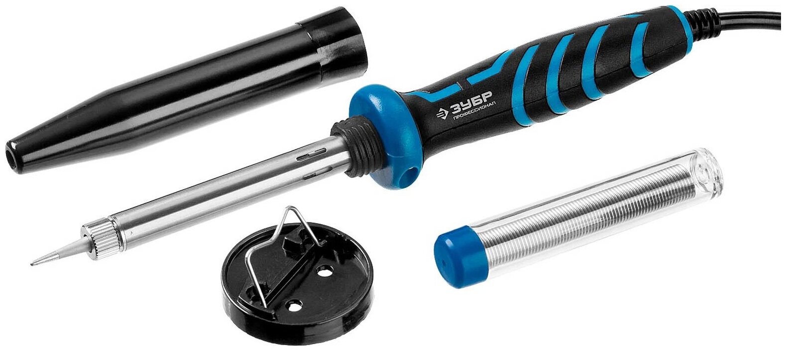 Паяльник ЗУБР "Профессионал" с двухкомпонентной рукояткой и защитным колпачком в наборе с припоем и подставкой, 40Вт, конус