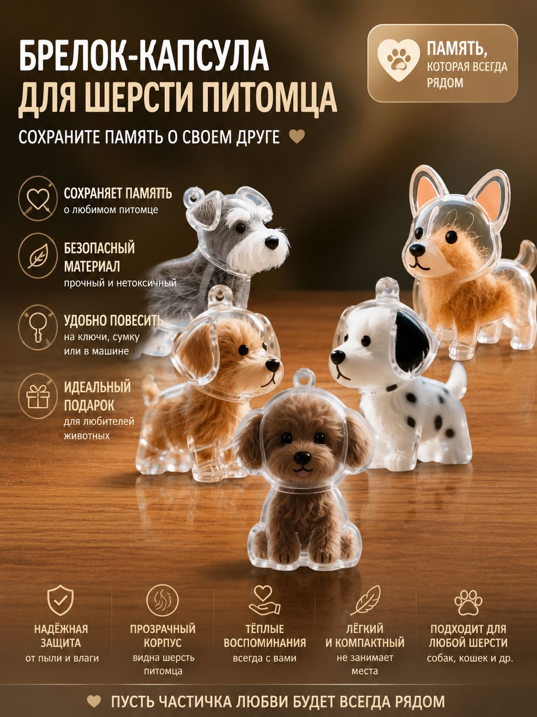 Брелок для памяти с шерстью питомца, герметичный, подарок в память о любимце