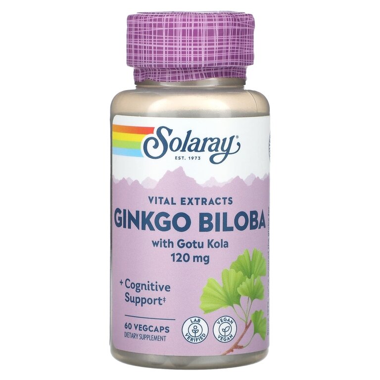 Solaray Ginkgo Biloba 120 mg, поддержка здоровья мозга, 60 капсул