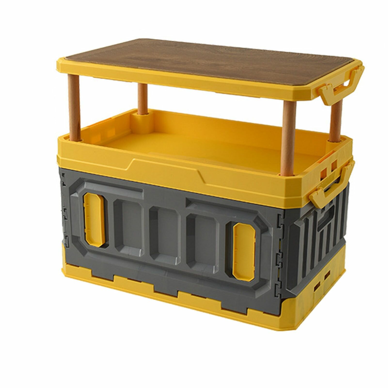 Ящик для кемпинга Складной Штабелируемый большой вместительный трехслойный пластиковый контейнер для хранения с деревянной крышкой 95 л Желтый Серый