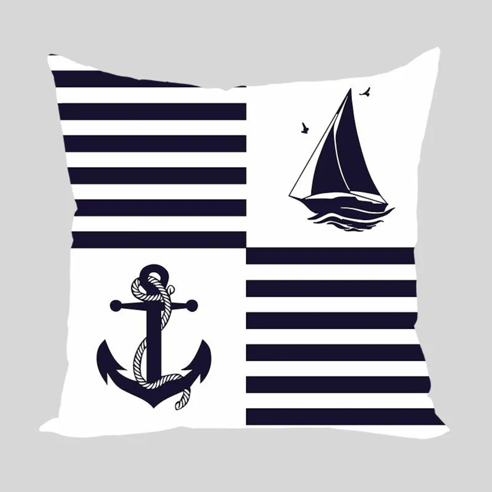 Декоративная подушка для сада и улицы Синие полоски, Якорь, Парус 45х45 Оксфорд 600D