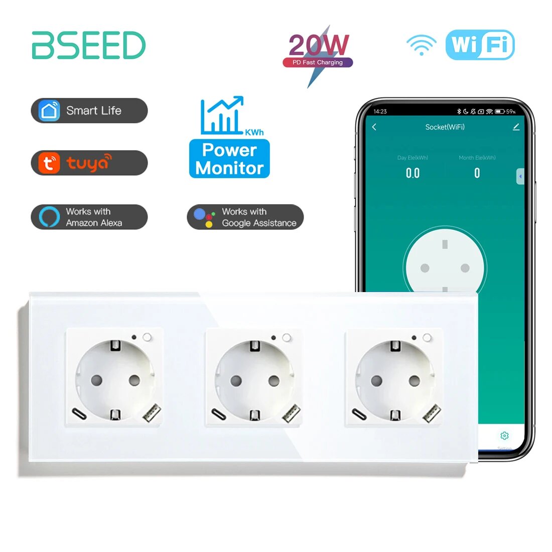 BSEED Wi-Fi Настенная розетка EU Smart Sockets 20 Вт Type-c USB-розетки Tuya Smart Life Alice App Control Стеклянные рамки, EU, 228mm White
