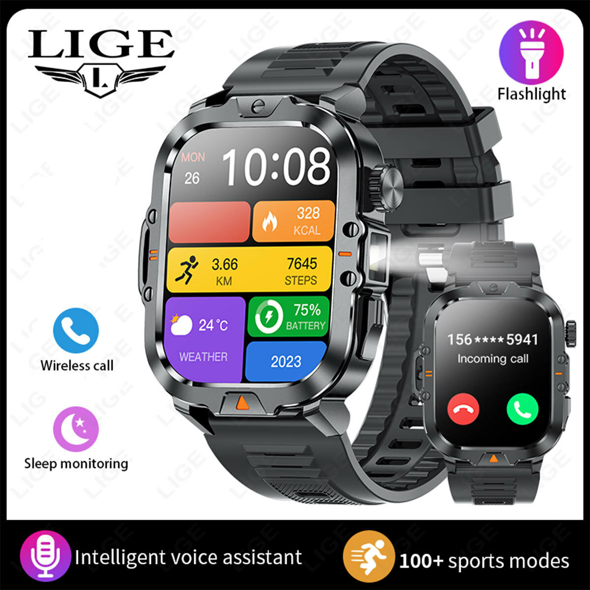 Умные часы LIGE BWV17 с Bluetooth, измерением давления, пульса и уровня кислорода, Лента черный корпус