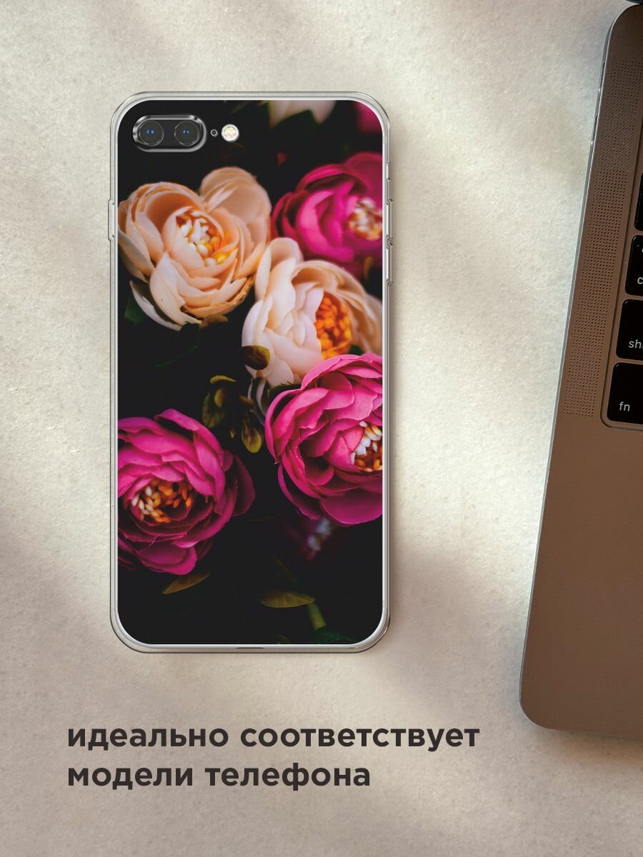 Чехол на Apple iPhone 7 Plus / Айфон 7 Плюс с принтом "Розовые пионы на черном" — фото 1