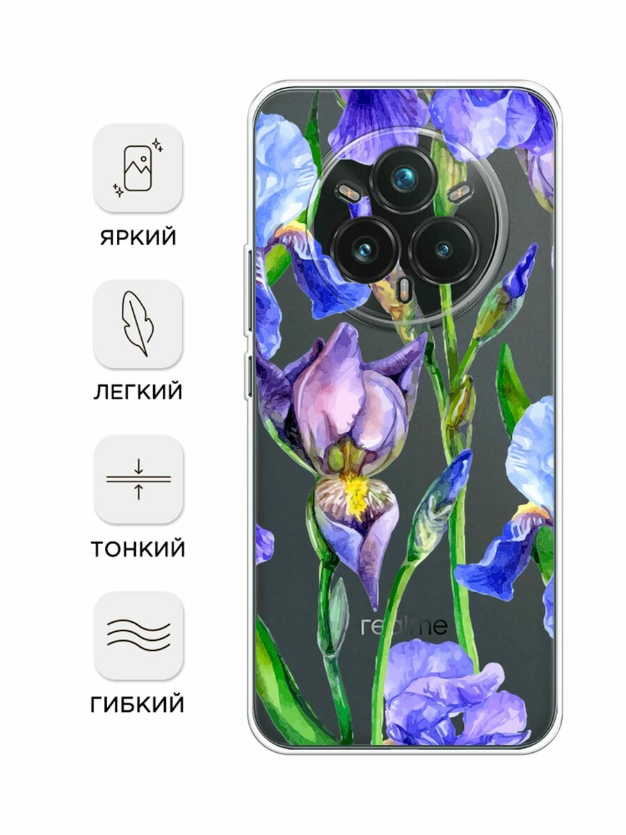 Чехол на Realme 14 Pro / Реалми 14 Про с принтом "Синие ирисы", прозрачный — фото 1