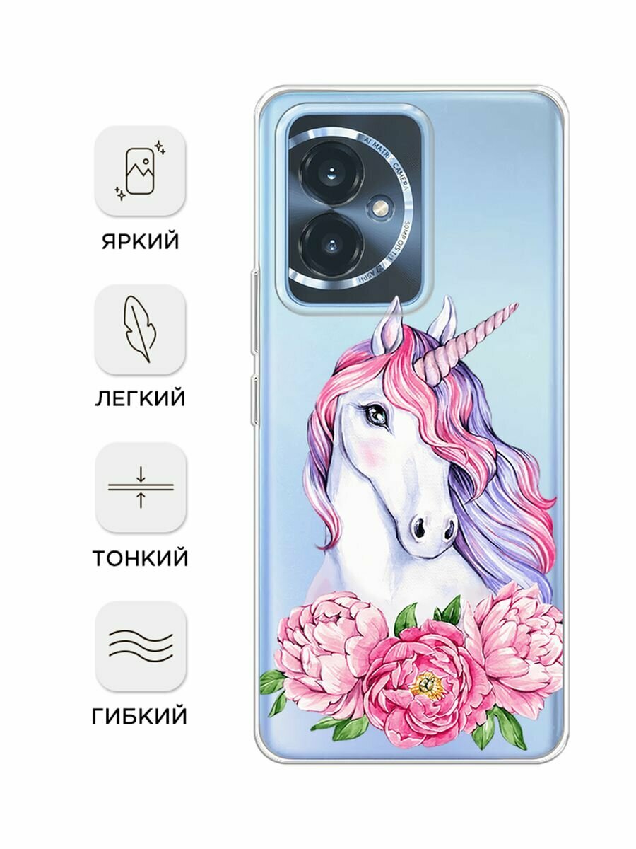Чехол на Honor 100 / Хонор 100 с принтом "Единорог с пионами", прозрачный — фото 1