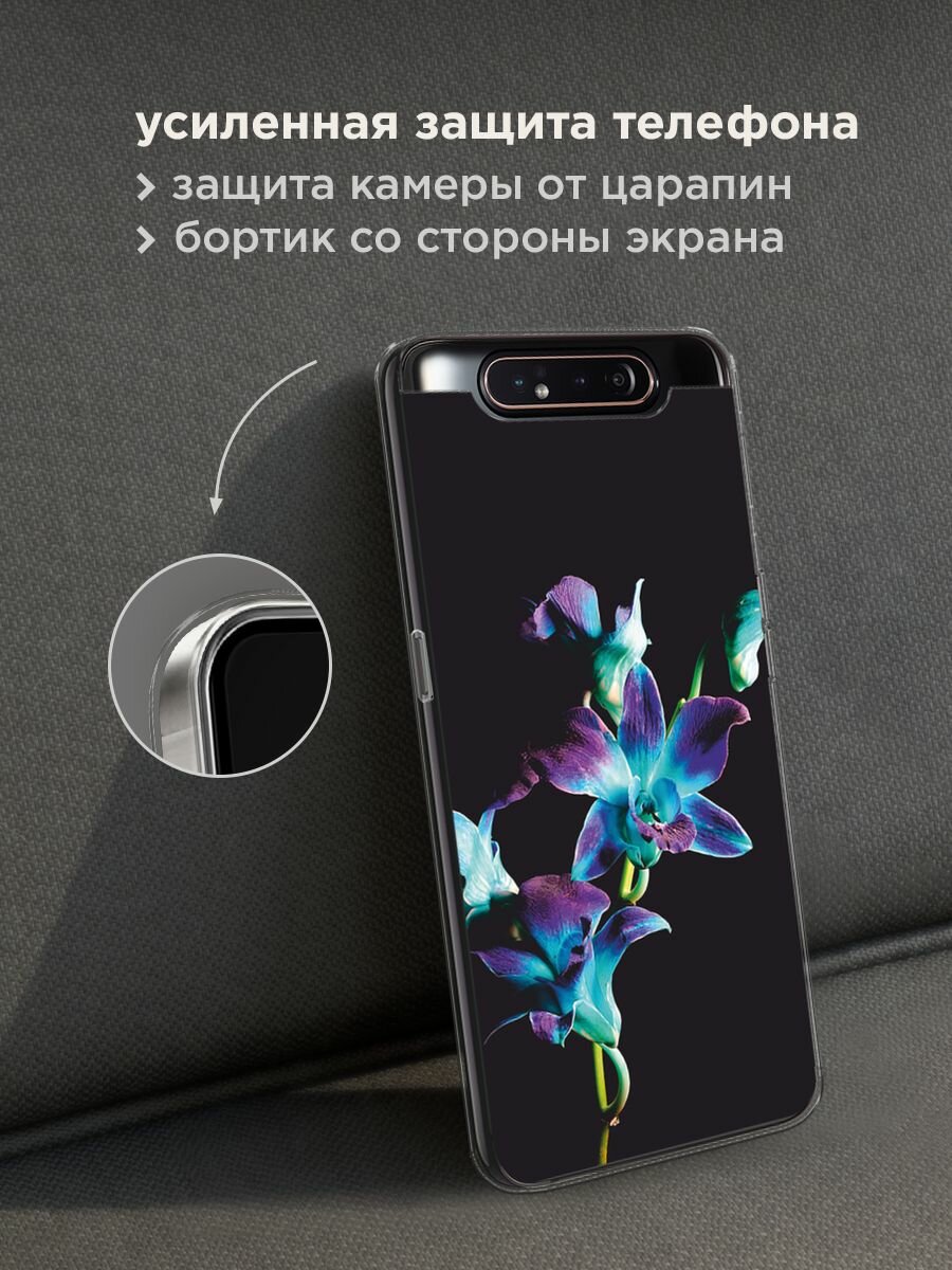 Чехол на Samsung Galaxy A80 / Самсунг Гэлакси A80 с принтом "Синий цветок на черном" — фото 1