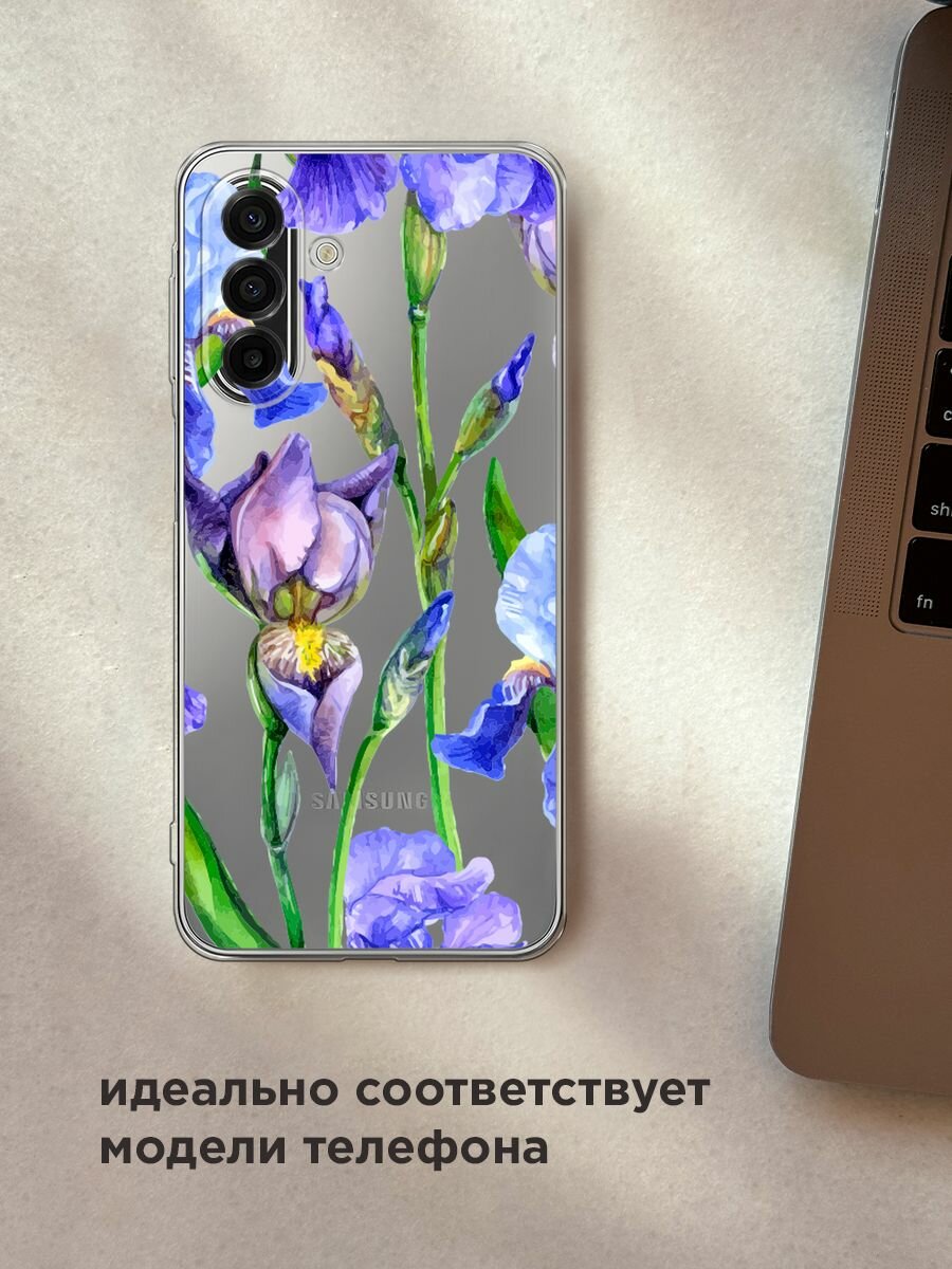 Чехол на Samsung Galaxy A17 / Самсунг А17 с принтом "Синие ирисы", прозрачный — фото 1