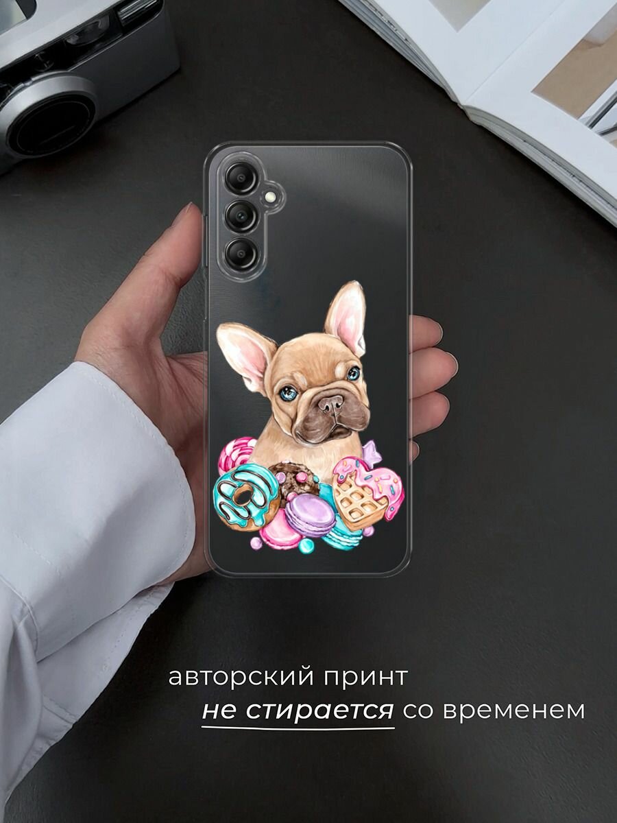Чехол на Samsung Galaxy A15 / Самсунг А15 с принтом "Бульдог и сладости", прозрачный — фото 1