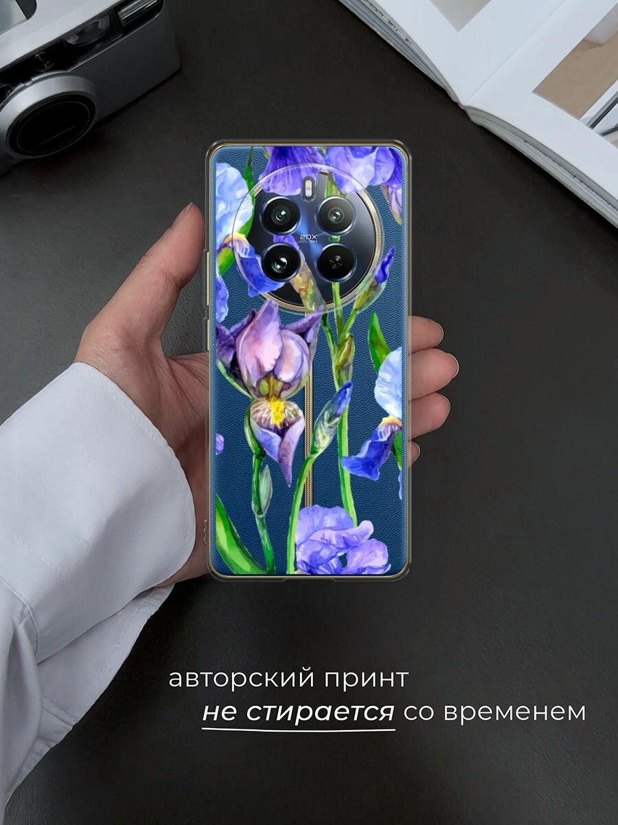 Чехол на Realme 12 Pro / Реалми 12 Про с принтом "Синие ирисы", прозрачный — фото 1