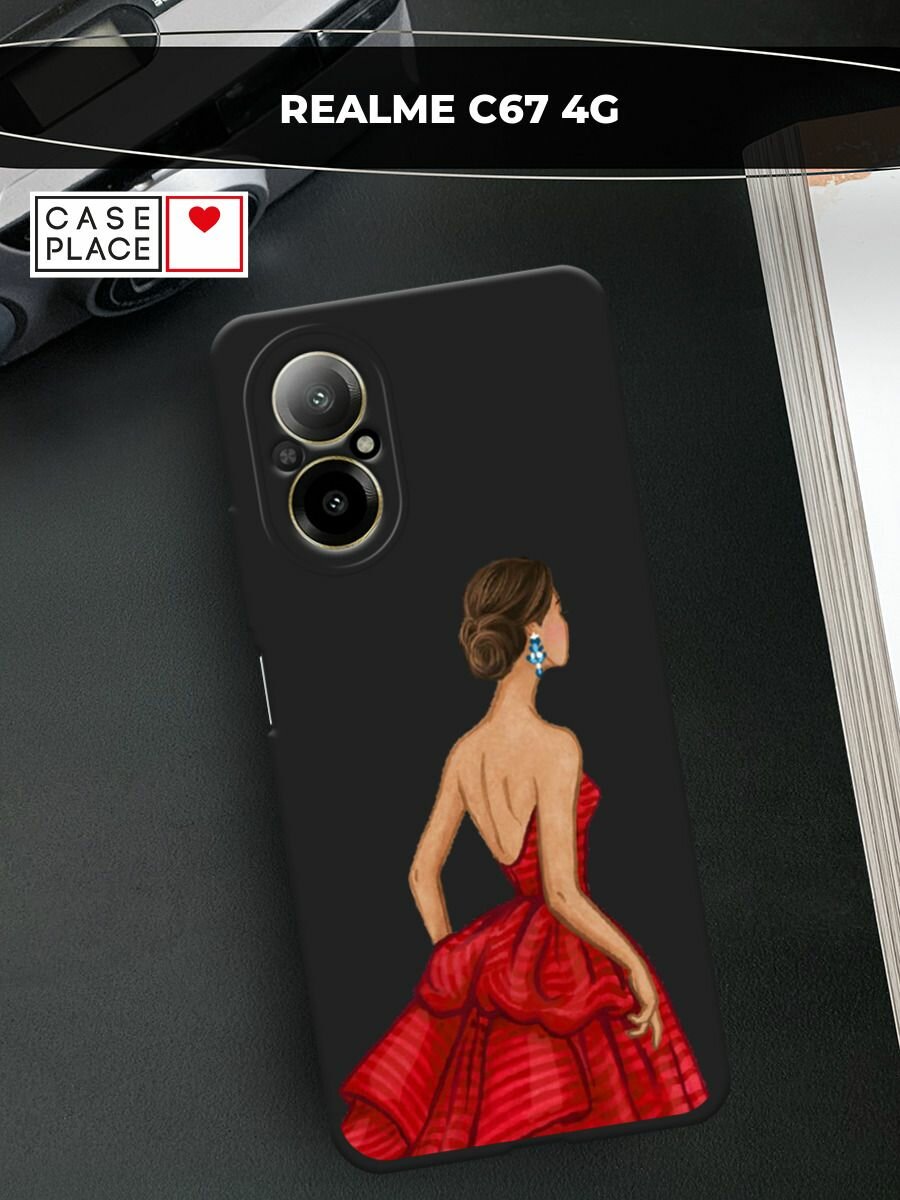 Черный матовый чехол на Realme C67 4G / Реалми C67 4G с принтом "Девушка в красном платье"